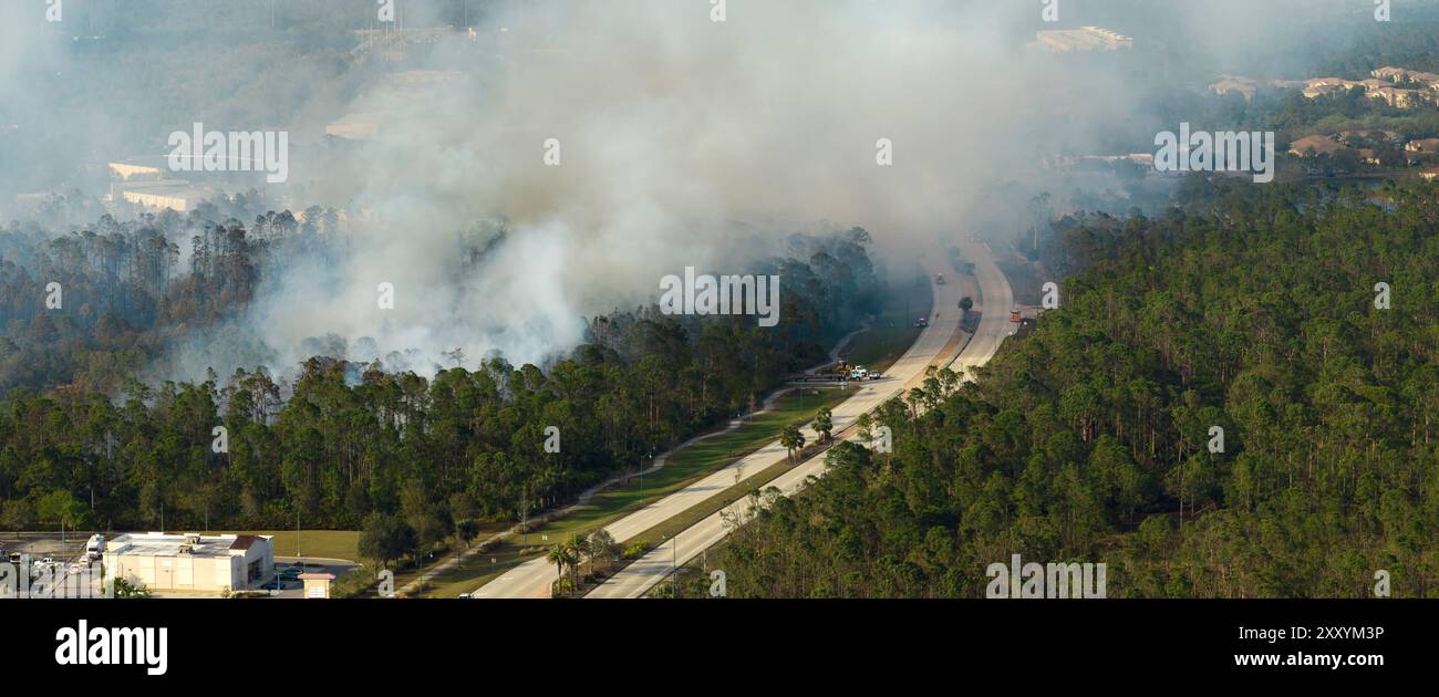 Fire department firetrucks extinguishing wildfire burning severely in ...