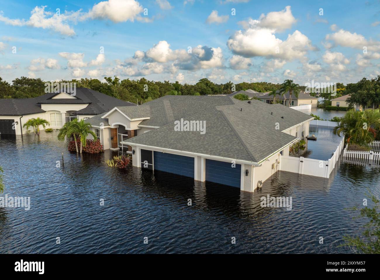 Flooded houses from hurricane rainfall water in Florida residential ...