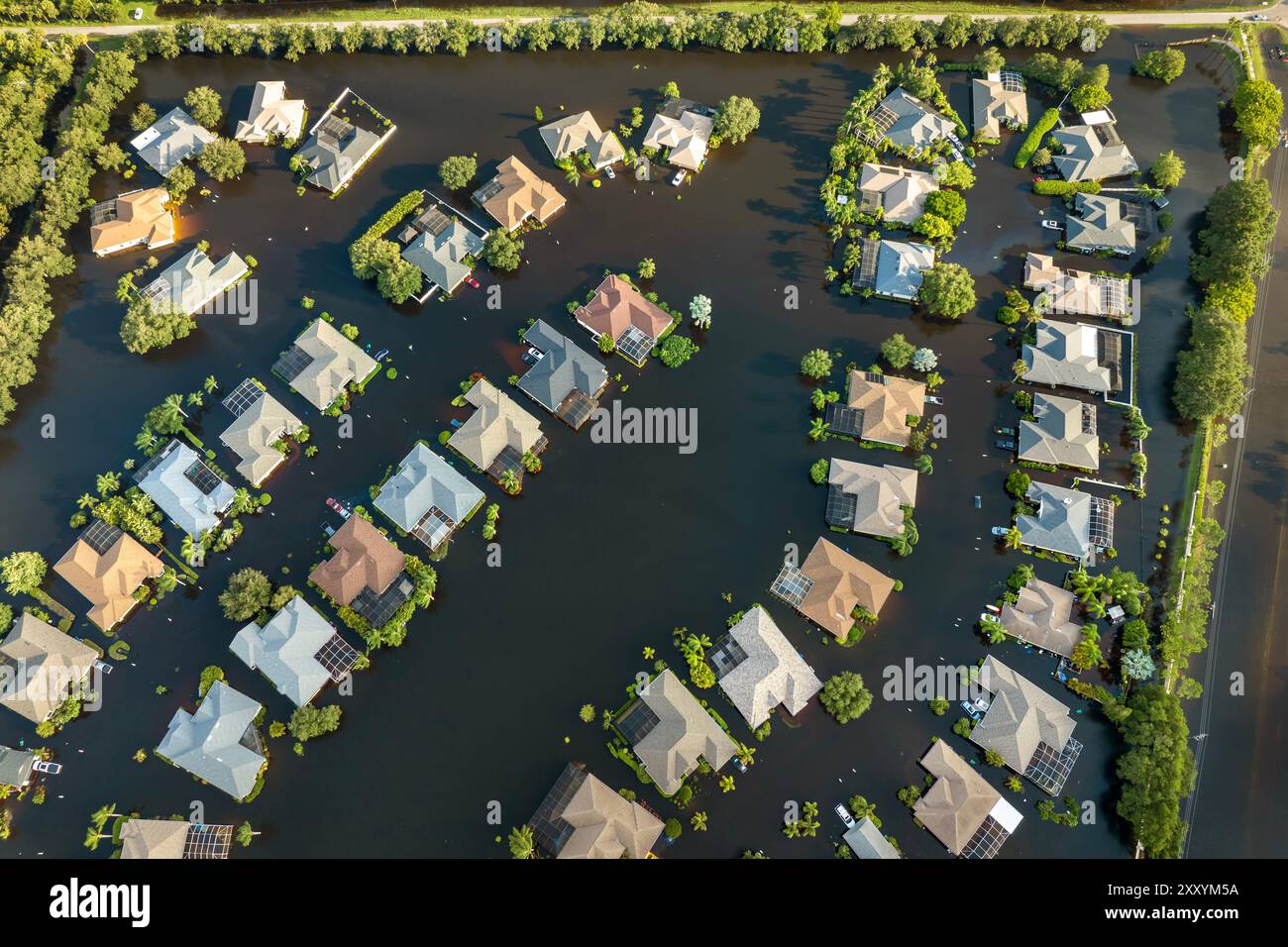Flooded houses from hurricane rainfall water in Florida residential ...