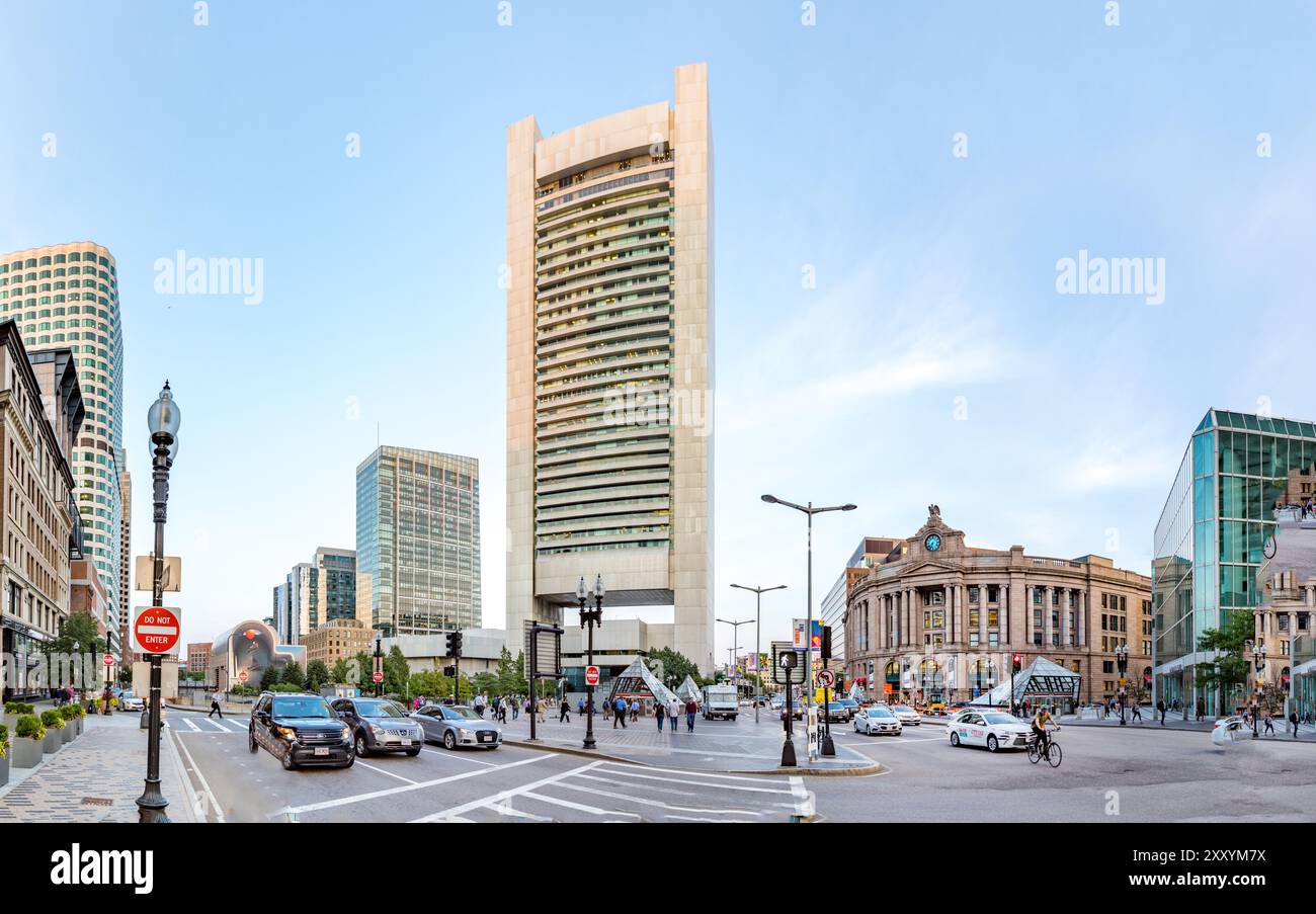 BOSTON, USA - SEP 12, 2017: skyscraper and old south train station with ...