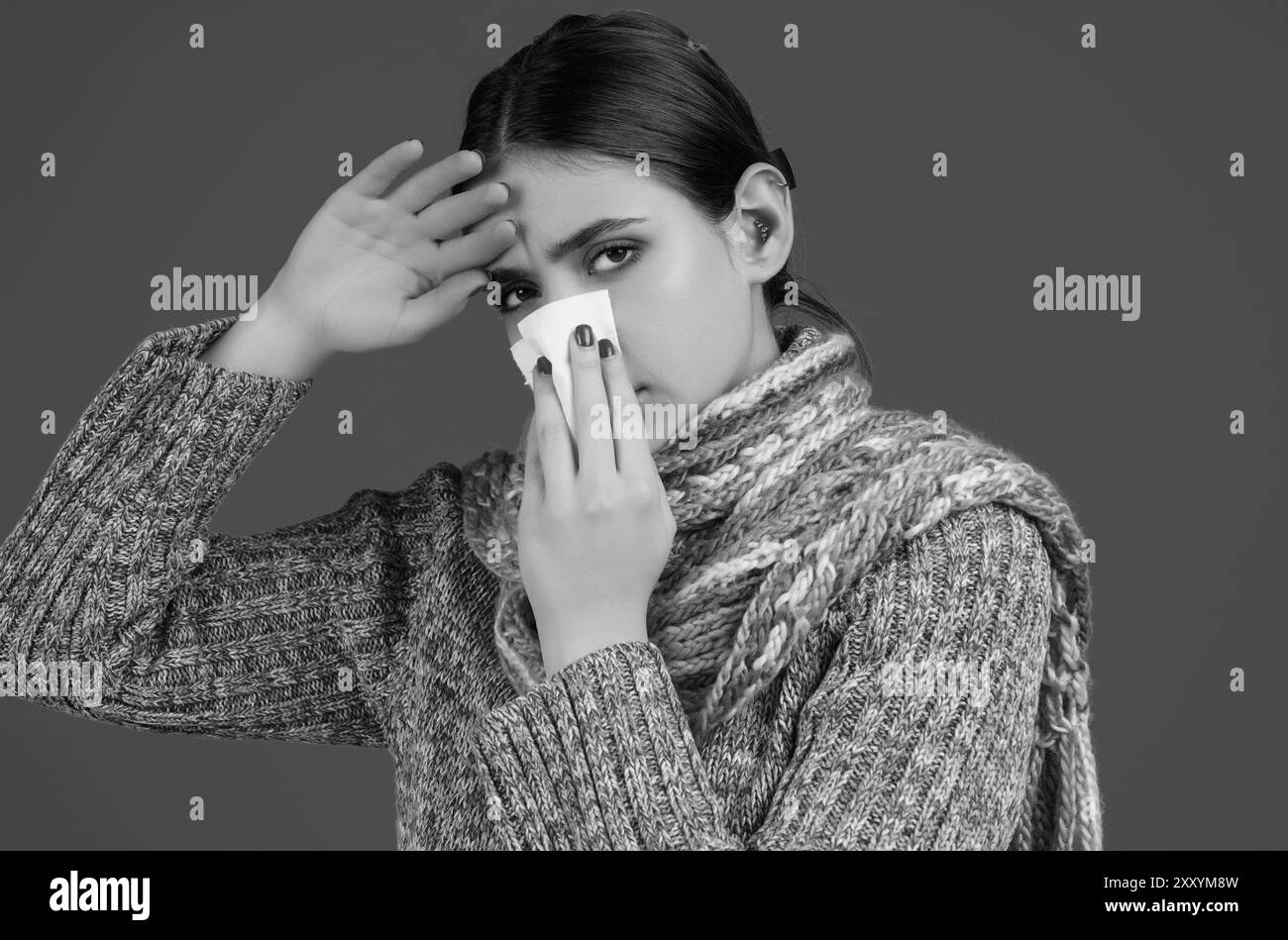 Portrait woman allergic sinus infection Black and White Stock Photos ...