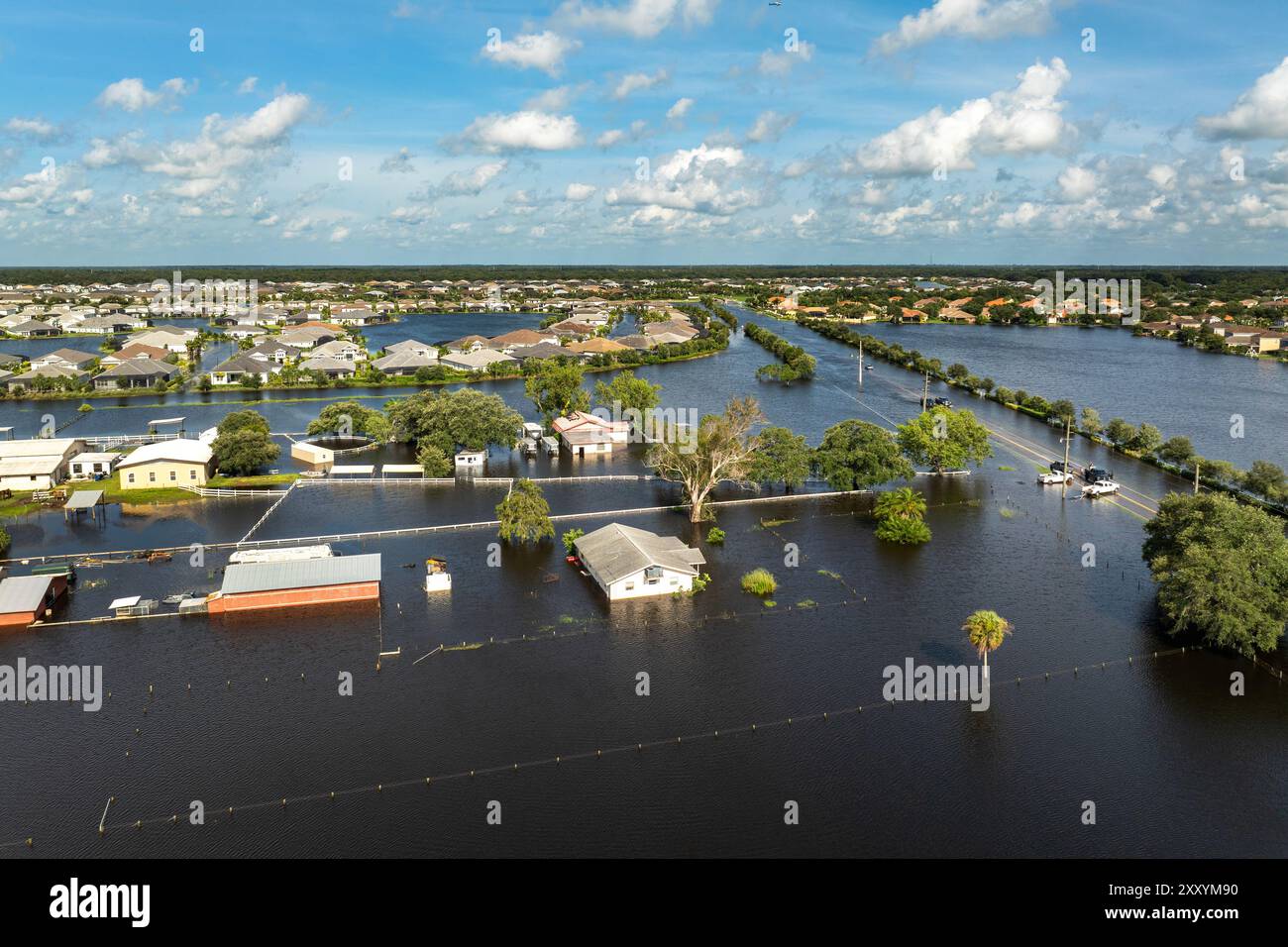 Flooded rural area with underwater buildings from hurricane Debby ...