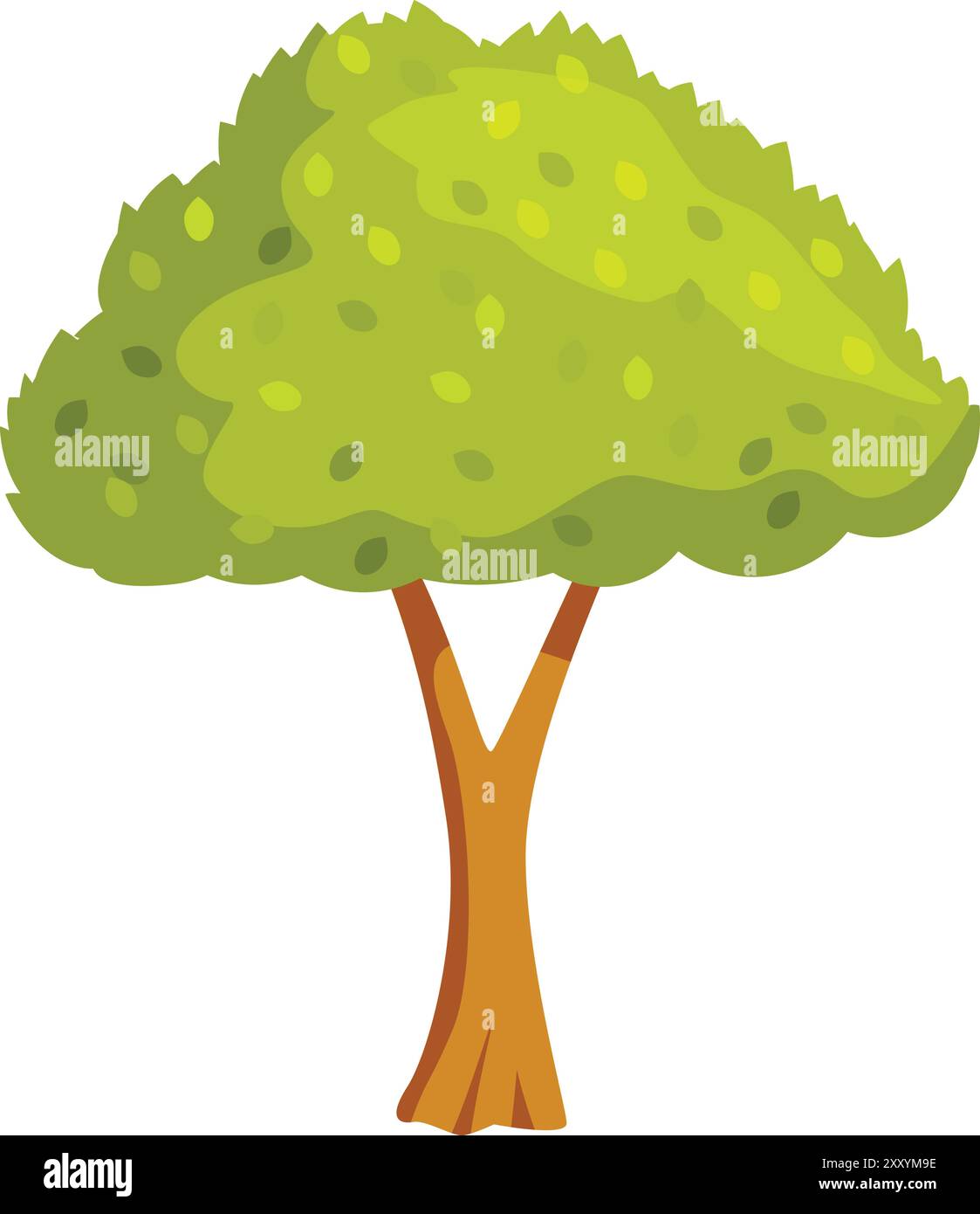 Lush green cartoon tree standing with thick trunk and big crown full of ...