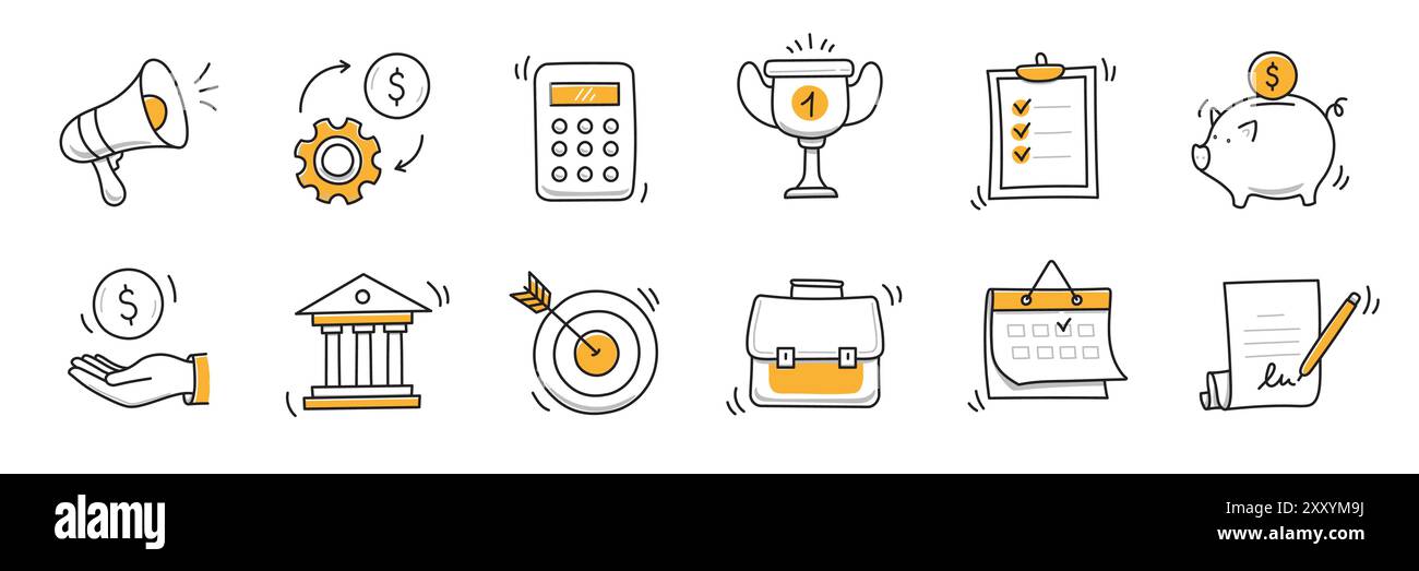 Hand drawn doodle business, money icon set. Finance, money, marketing ...