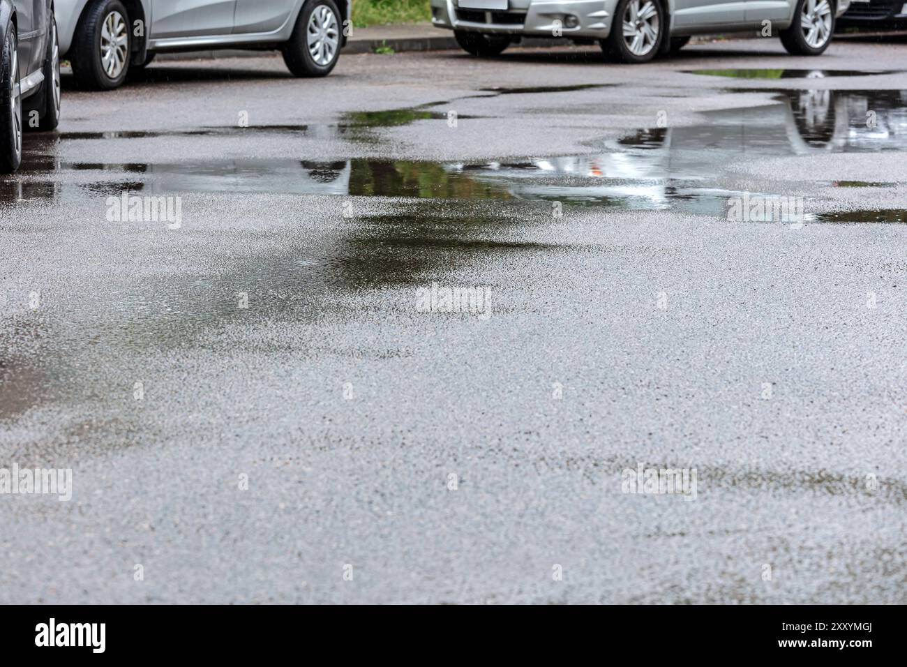 wet asphalt road with rain puddles and parked cars Stock Photo - Alamy