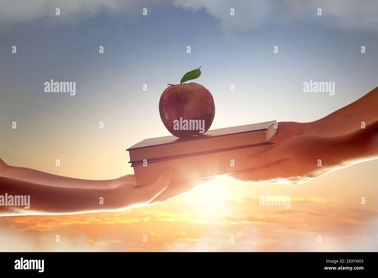 Back to school. Hand of adult giving a book to a child on background of ...