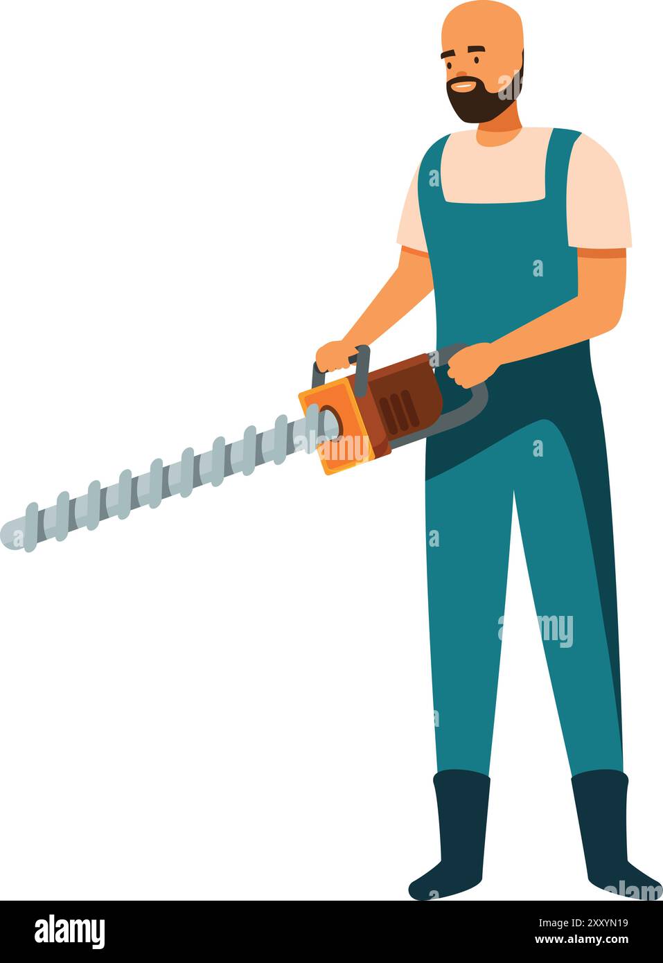 Construction worker wearing blue overalls holding a large, powerful ...