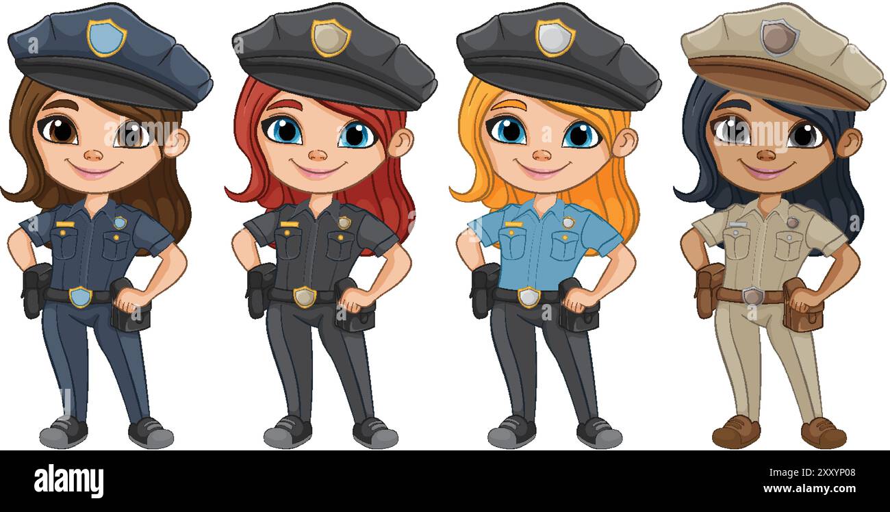 Four cartoon policewomen in different uniforms Stock Vector Image & Art ...