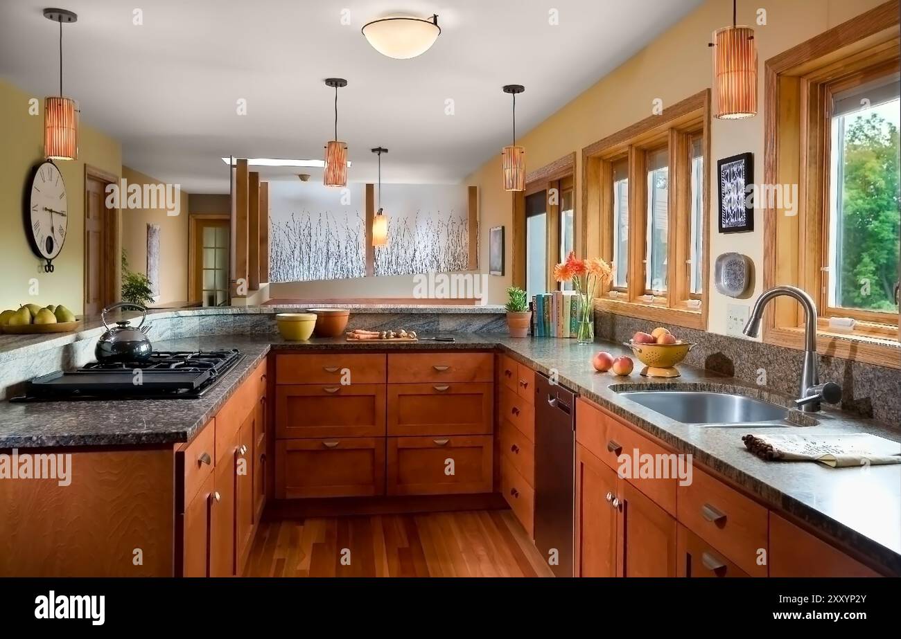 Large kitchen peninsula with 3Form room divider in background Stock ...