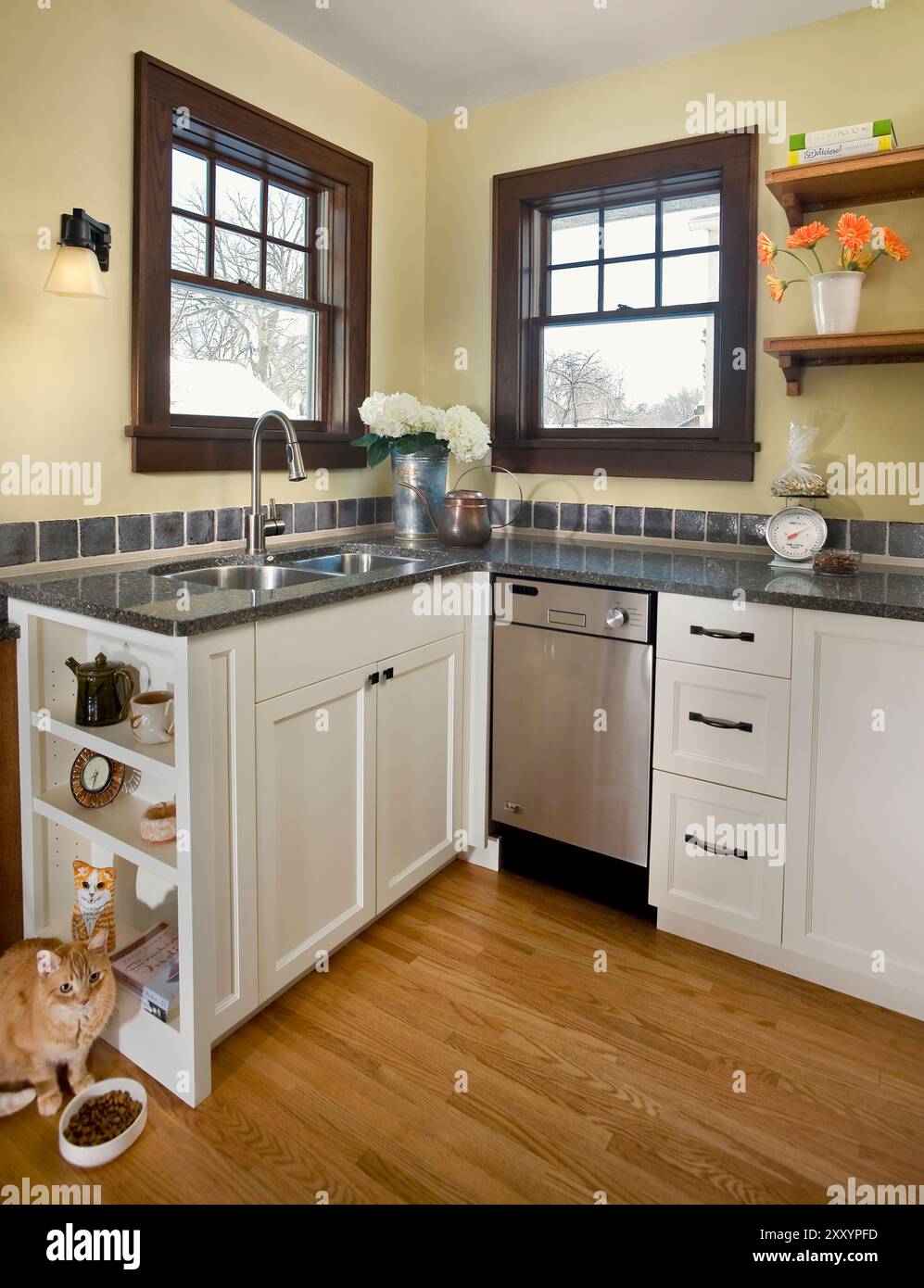 Small kitchen with white cabinets and small dishwasher Stock Photo - Alamy