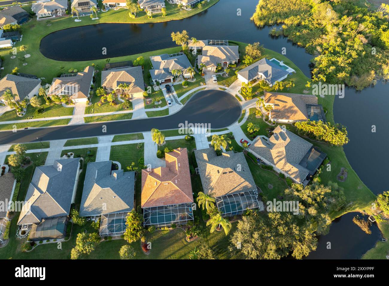 View from above of residential houses in living area in North Port, FL ...