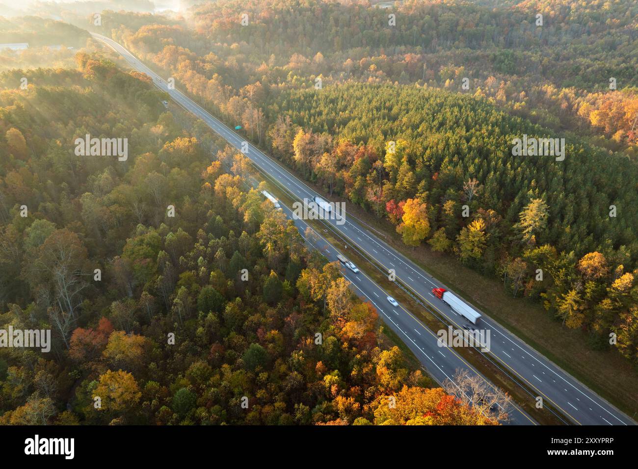 Wide multilane highway road in USA Appalachian mountains with fast ...