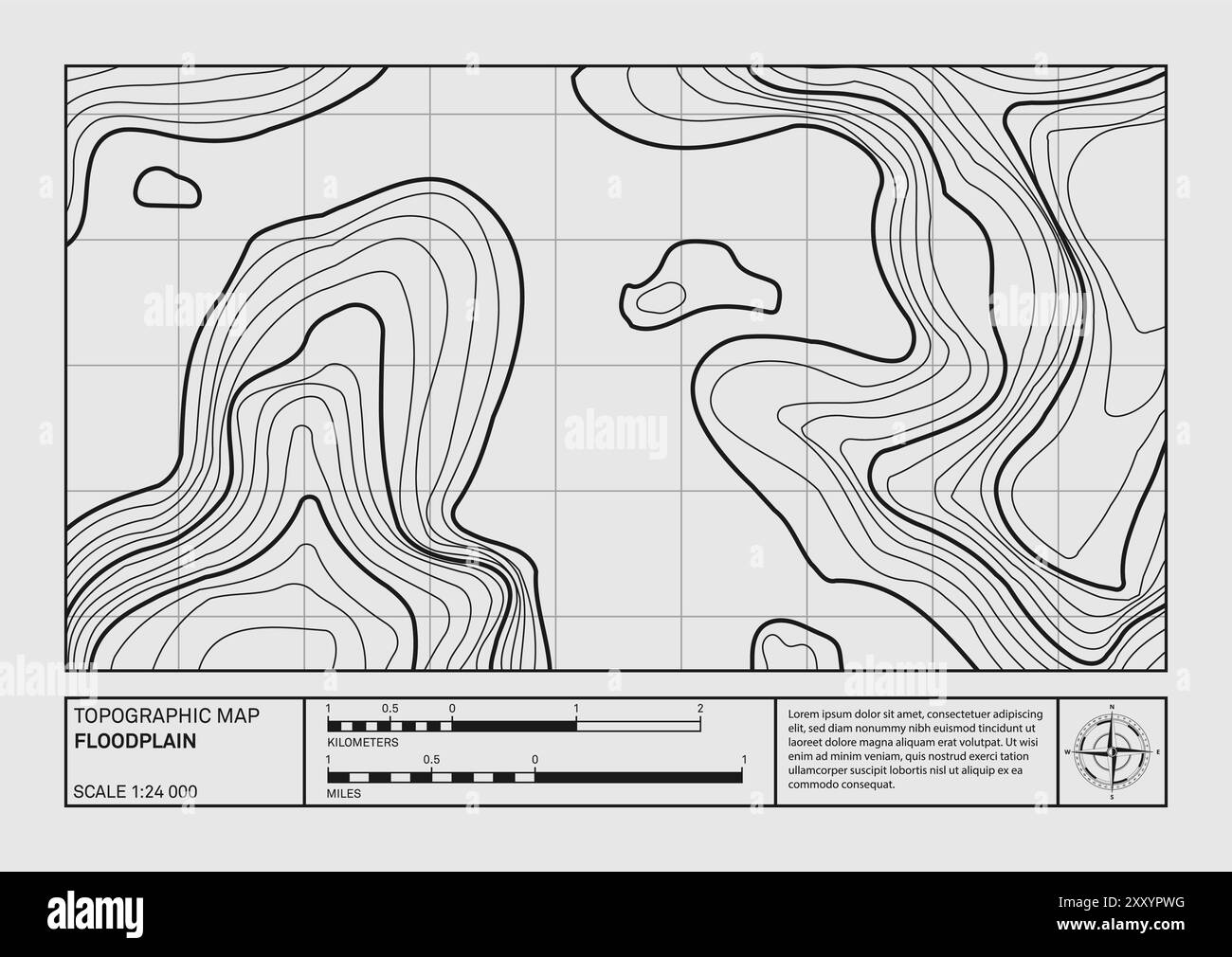 Geographical floodplain landscape relief contour map, topographic ...