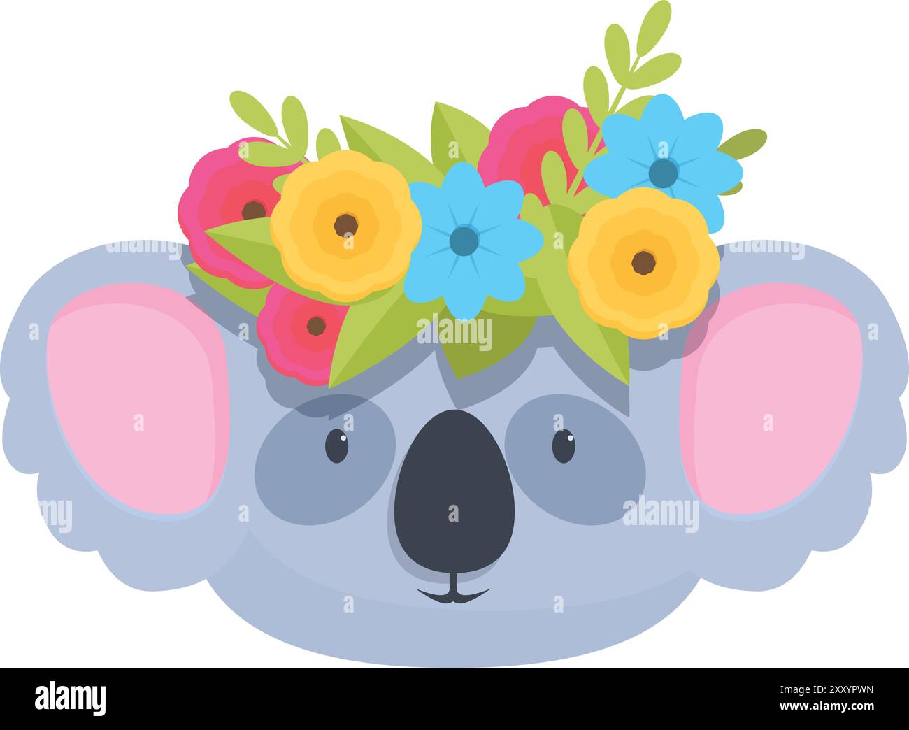 Adorable koala bear wearing a crown of colorful flowers, perfect for designs related to nature ...
