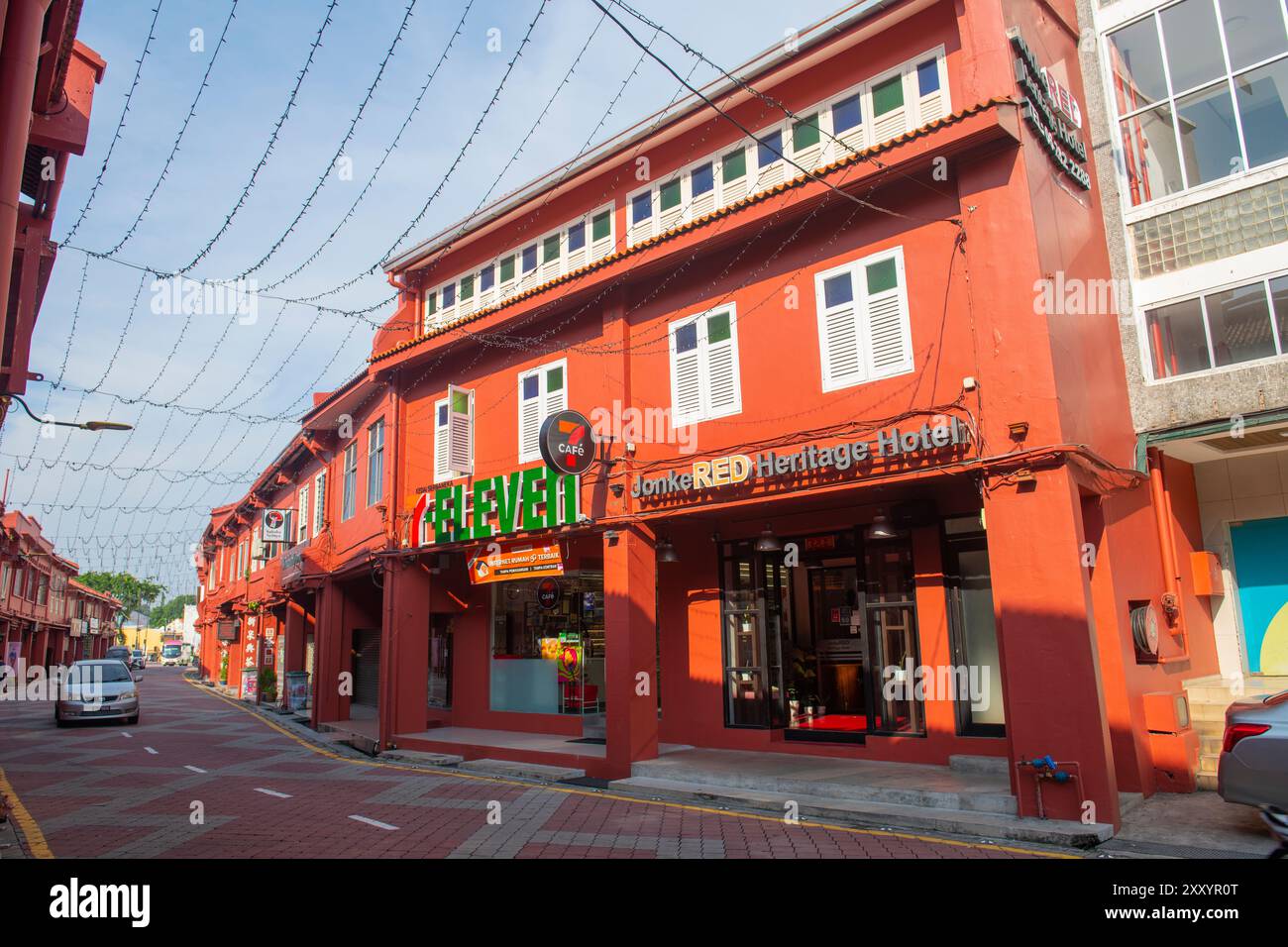 Historic red style house on Jalan Gereja Street at Dutch Square in city ...