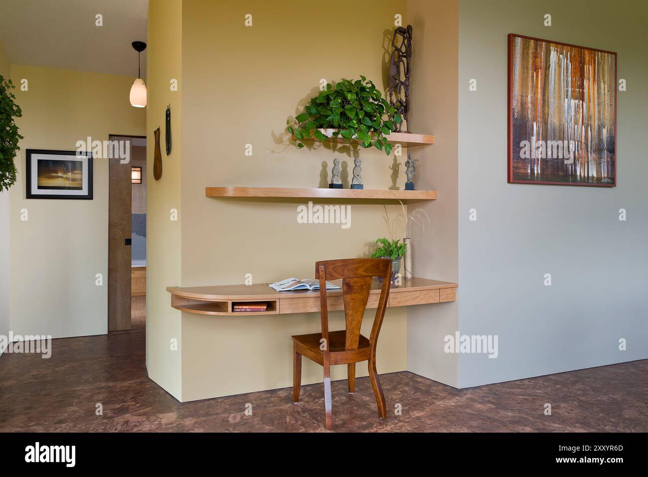 Rounded edges of matching built-in desk and shelves fit nicely into ...