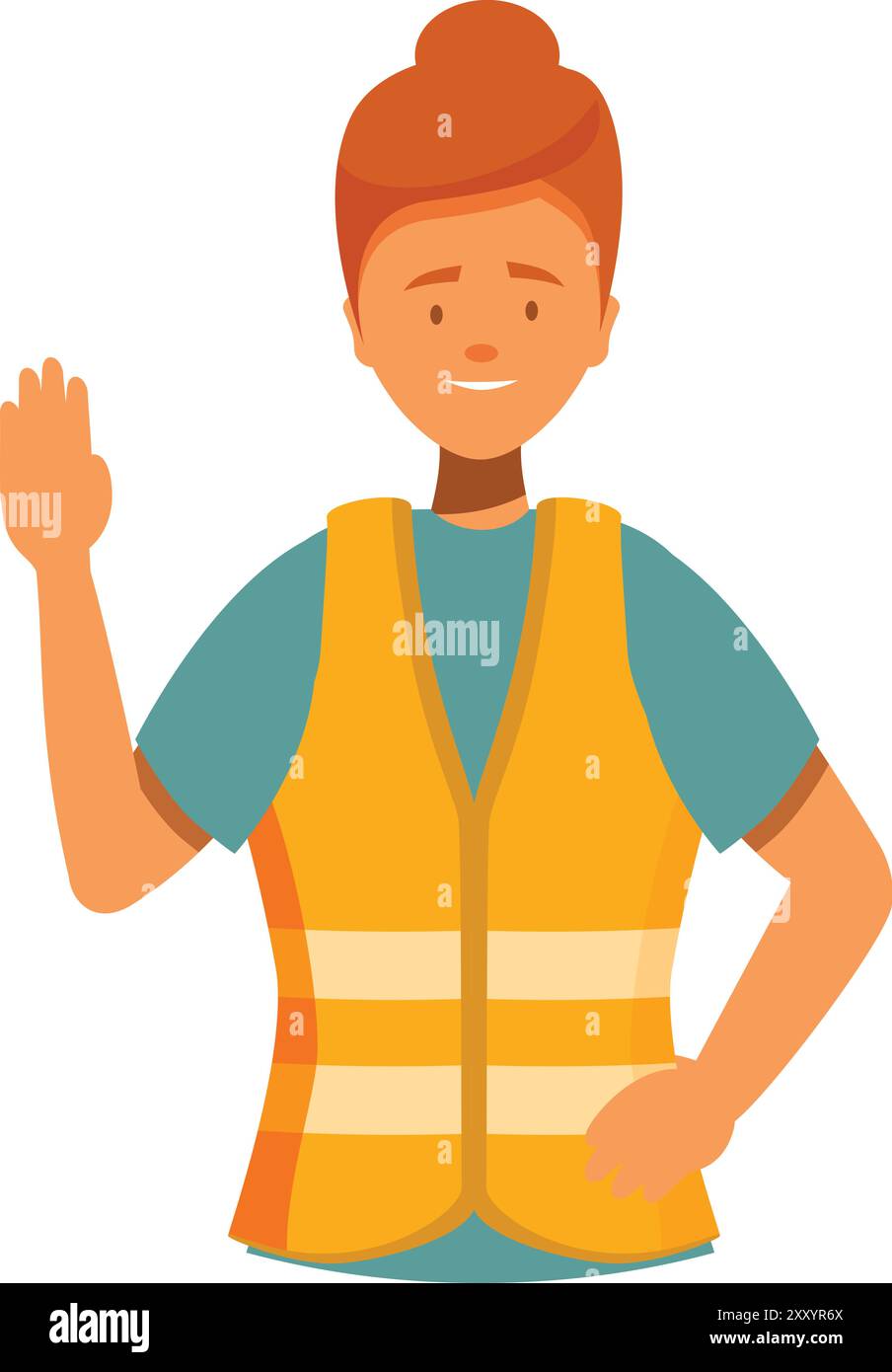 Friendly female construction worker wearing a yellow reflective safety ...