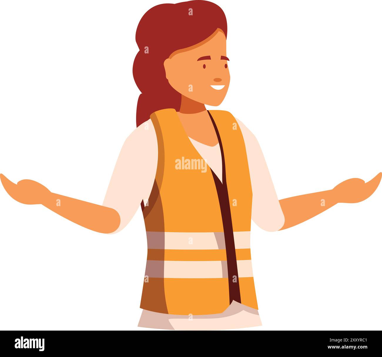 Construction worker character is gesturing with her hands as if she is ...