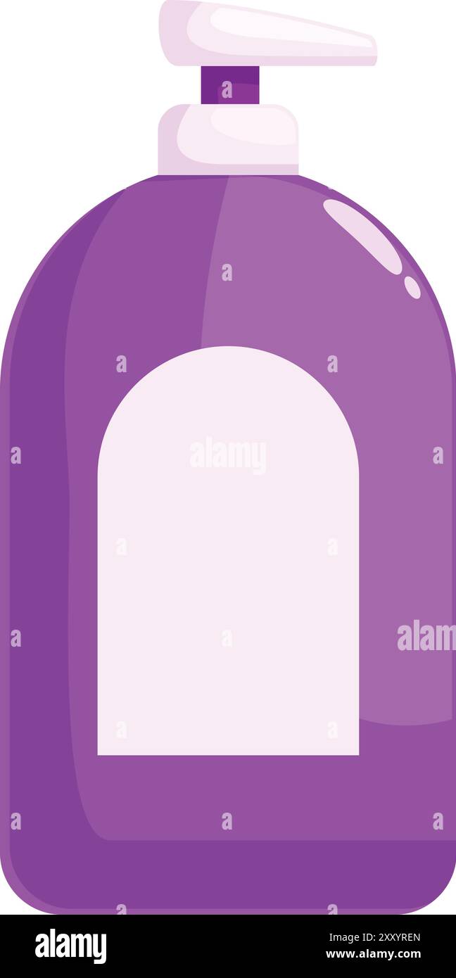 Purple plastic bottle with a white dispenser is full of liquid soap for ...