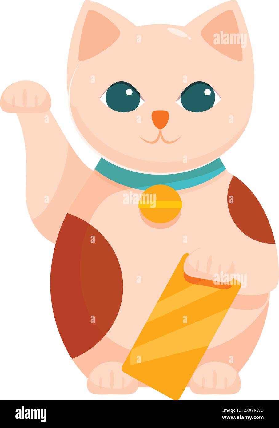 Cute cartoon japanese lucky cat waving its paw holding a gold nugget ...