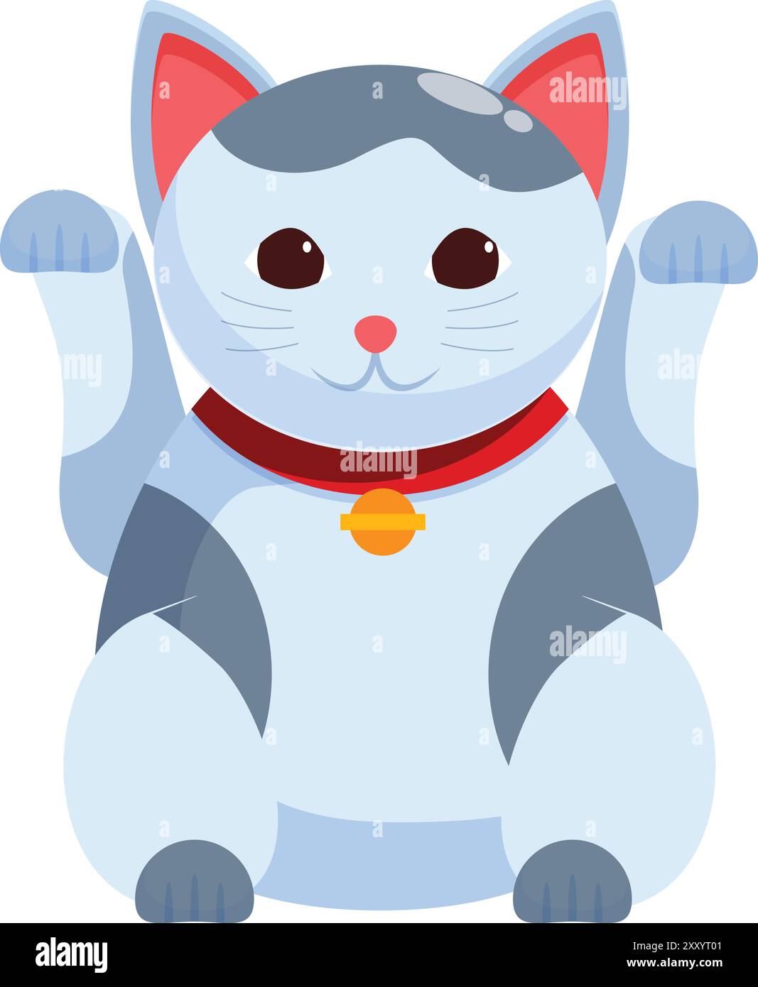 Cartoon lucky cat waving paw wearing red collar and golden bell Stock ...