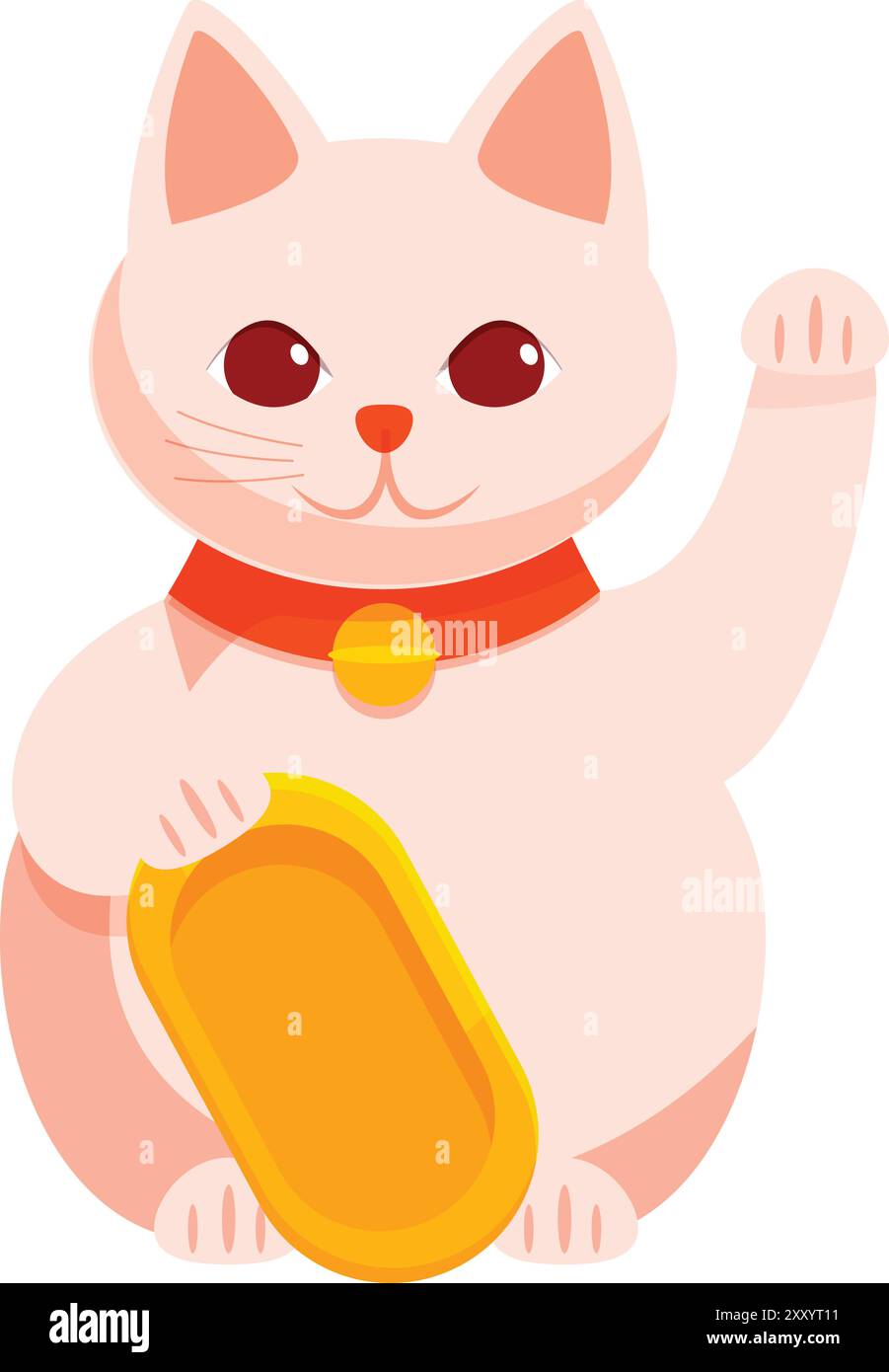 Cute cartoon maneki neko, a japanese lucky cat figurine, holding a golden koban coin and waving ...
