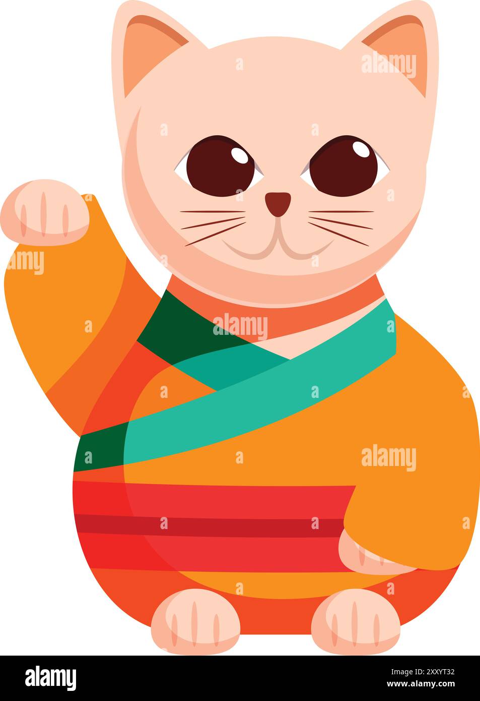 Cartoon illustration of a cute chinese lucky cat waving paw wearing ...