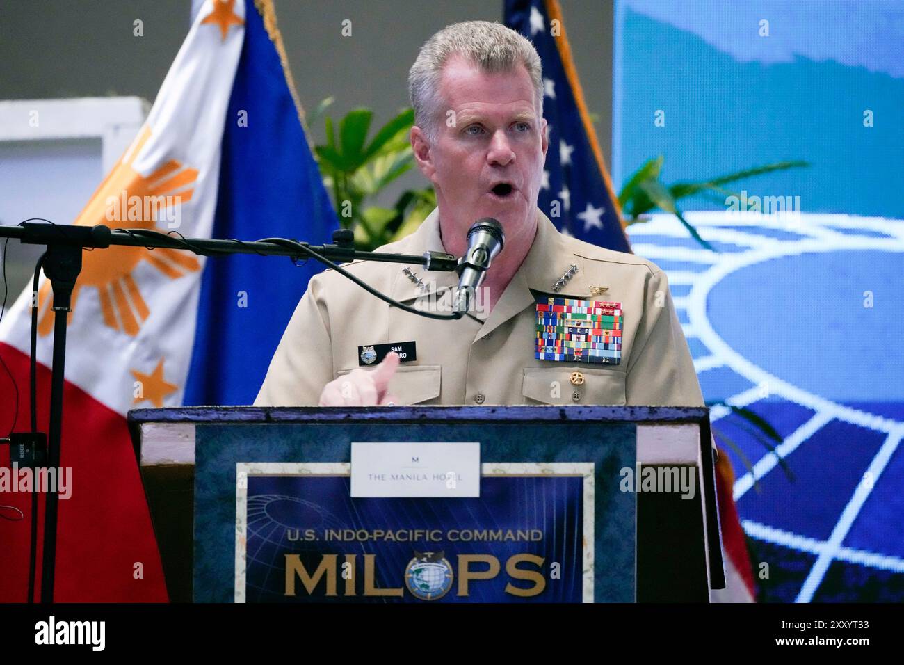 U.S. Indo-Pacific Command Commander Admiral Samuel Paparo delivers his speech during an ...