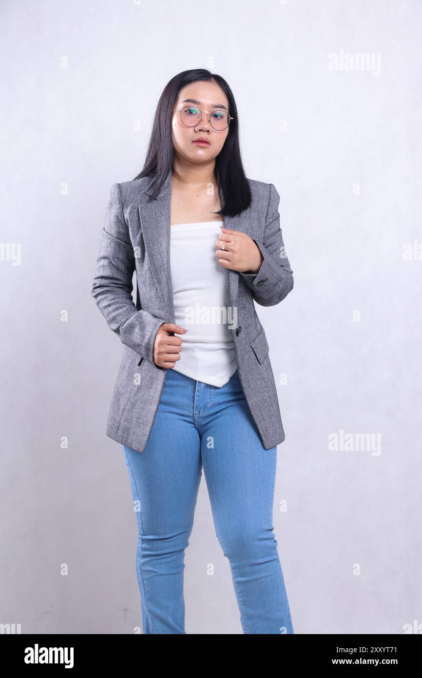 marketing beautiful young female elegant formal office hold jacket top ...