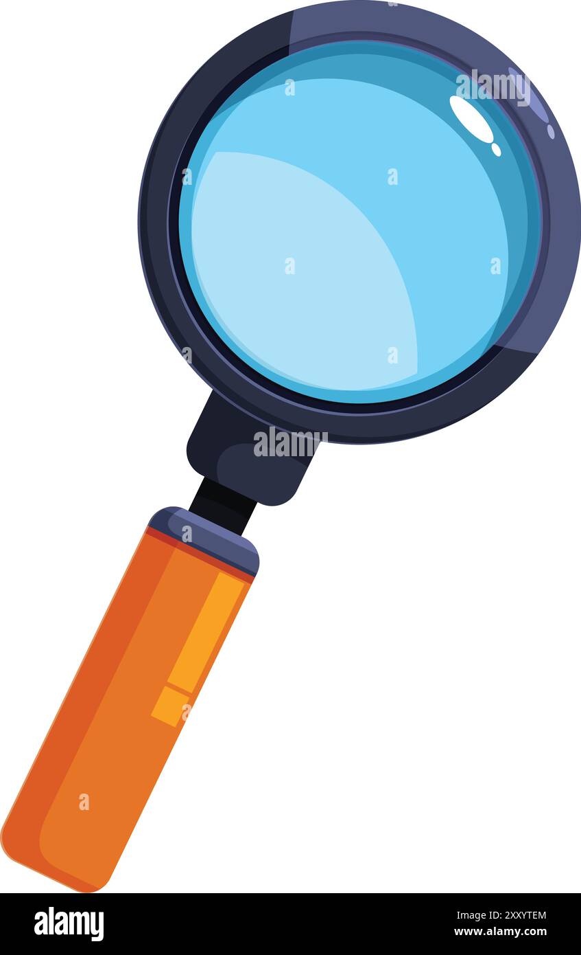 Cartoon magnifying glass with orange handle and blue lens is looking ...