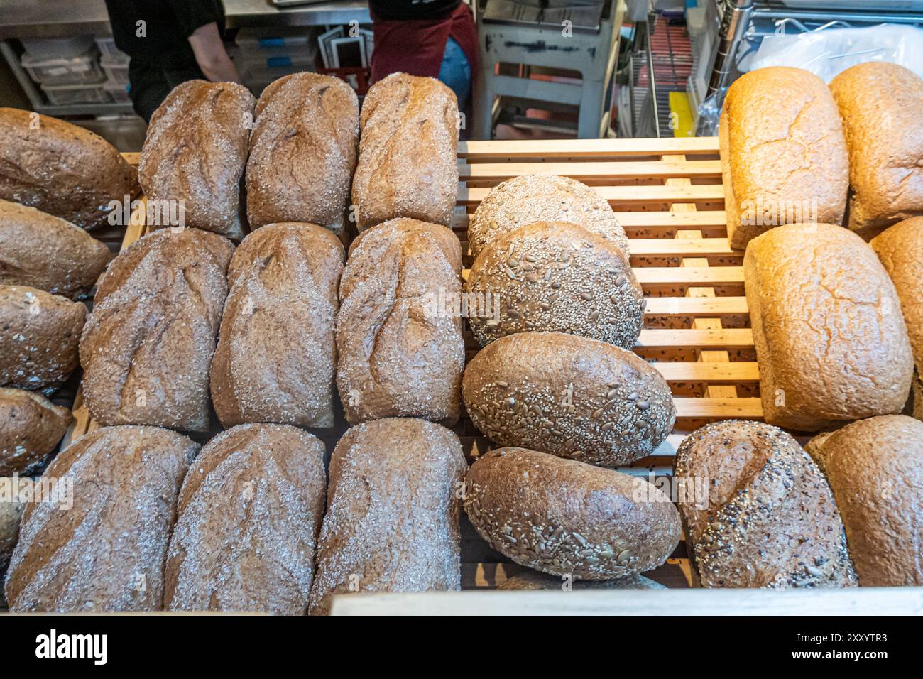 Loaves of Bread on Display in a bakery to sell Stock Photo - Alamy
