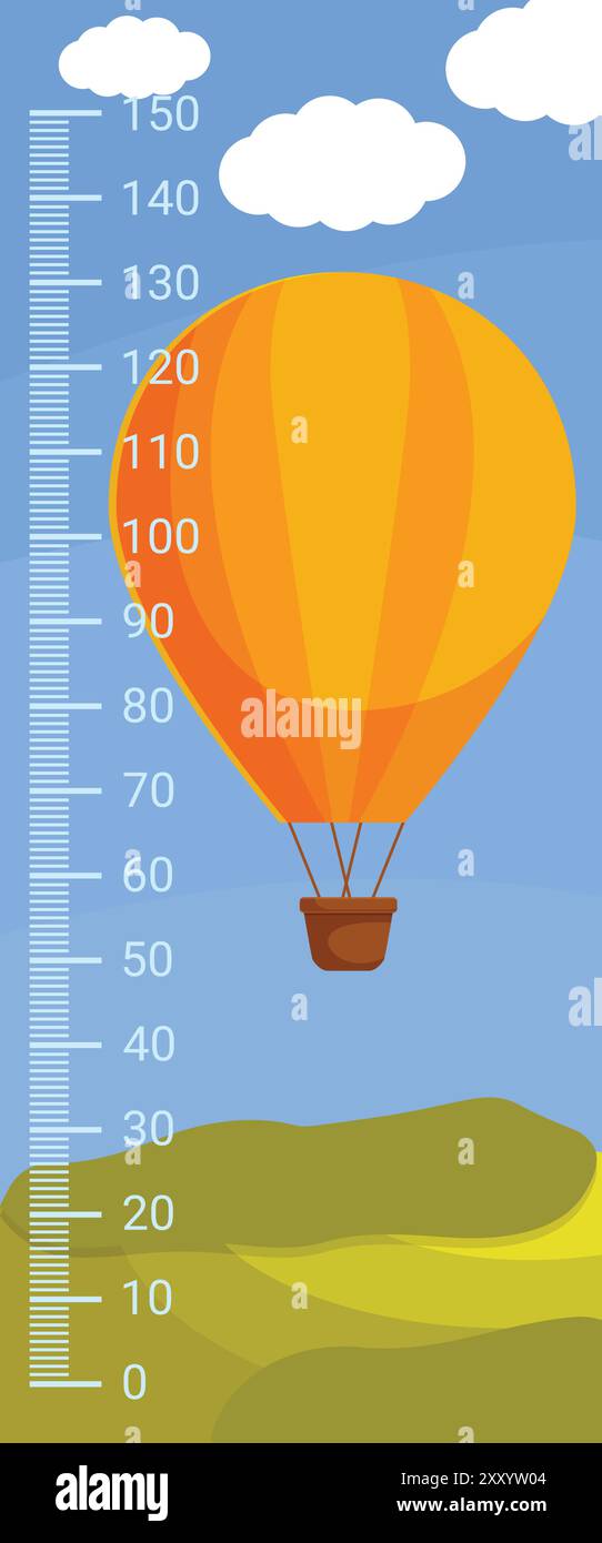 Cartoon height chart with hot air balloon flying in blue sky above ...