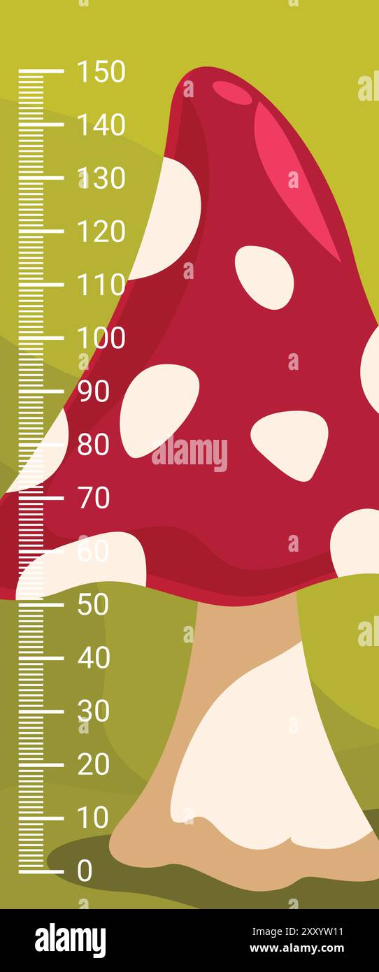 Funny toadstool on green background with measuring scale for children ...