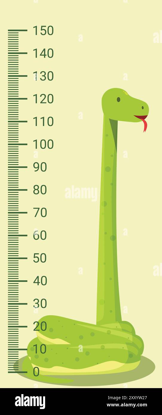 Funny green snake character measuring its height with scale on wall ...