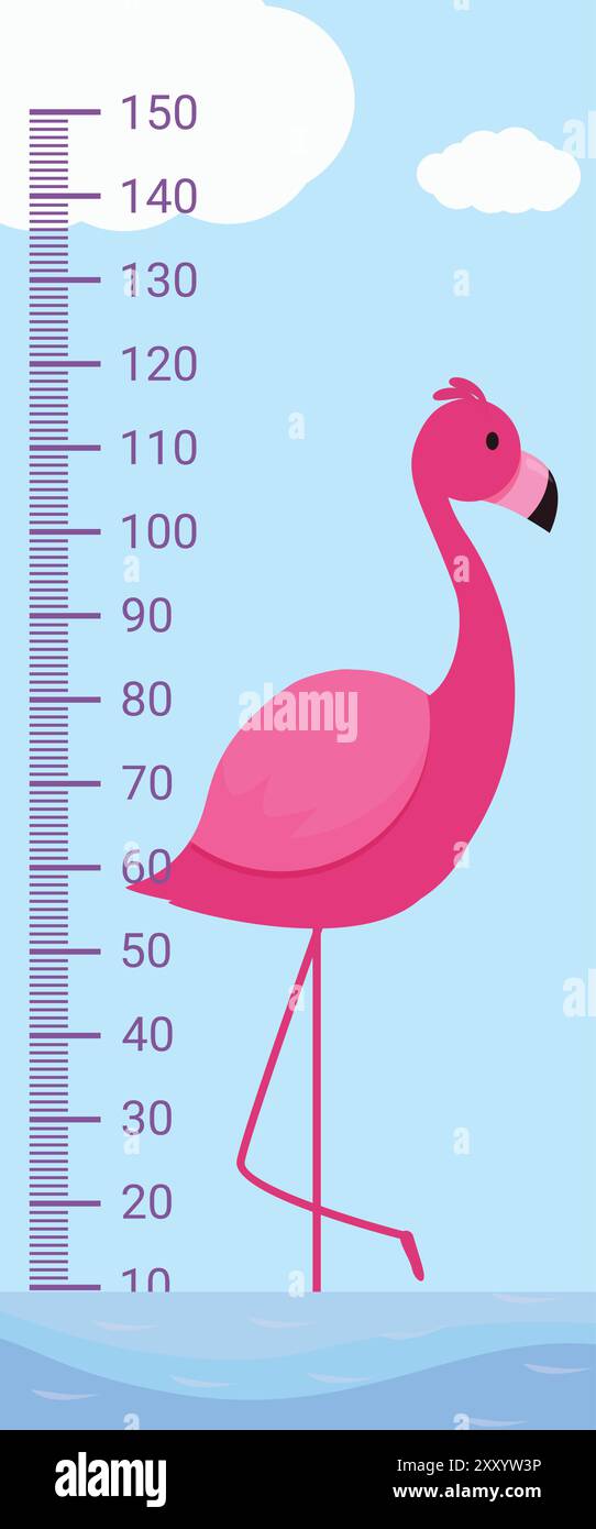 Cute pink flamingo is standing on one leg near a height chart ruler for ... Cute pink flamingo is standing on one leg near a height chart ruler for ...
