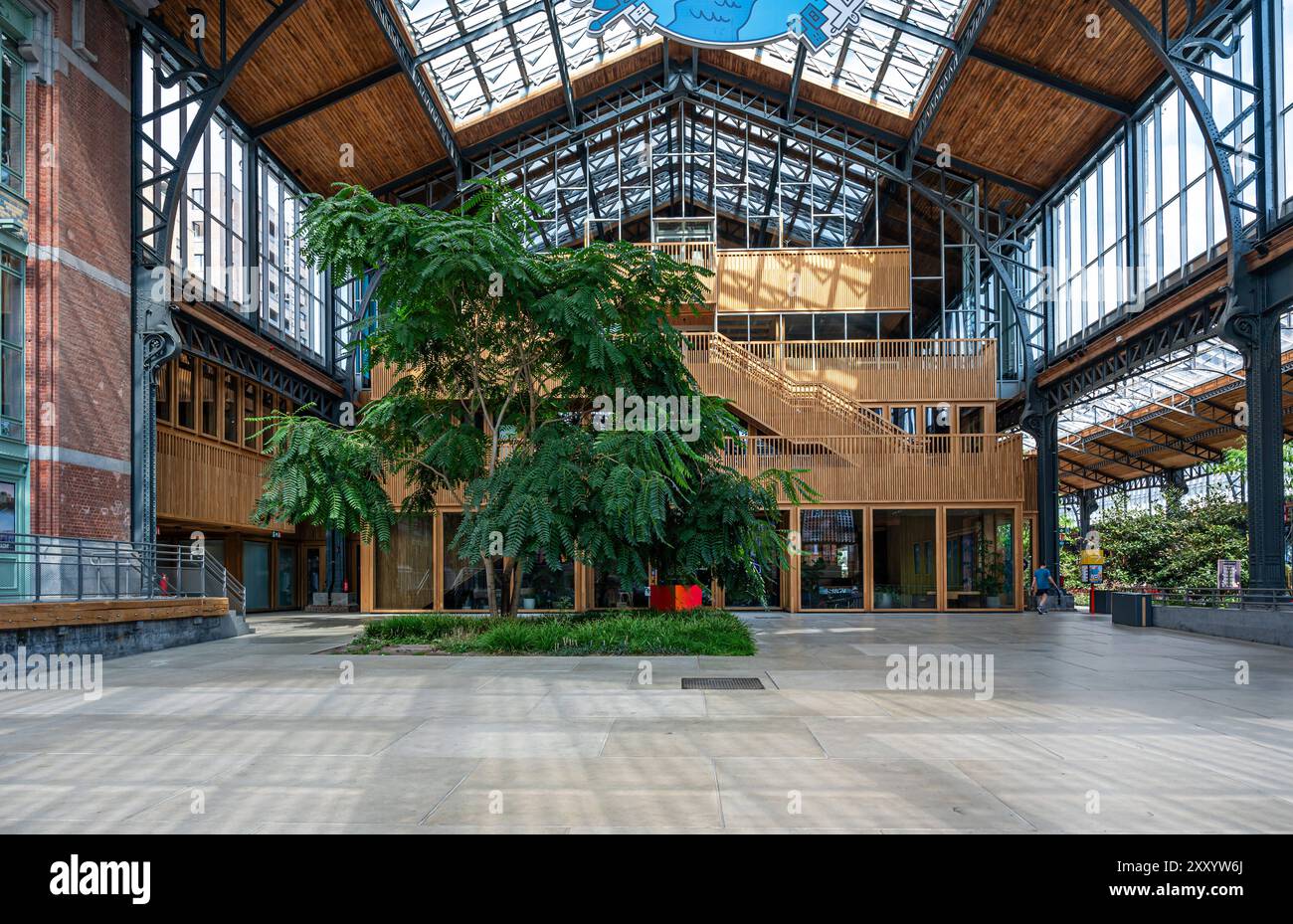 Brussels, Belgium, July 25, 2024 - Wooden renovated interior design of ...