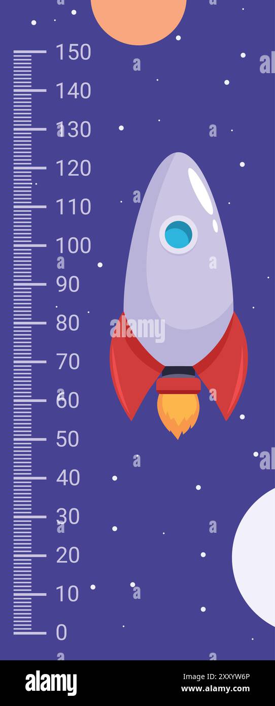 Colorful height chart with cartoon rocket flying in space for children ...
