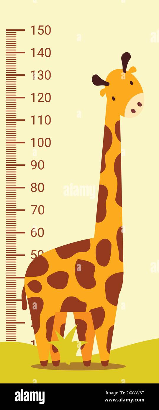 Cute giraffe standing near measuring ruler, children height chart ...