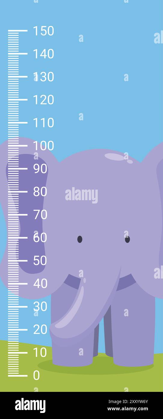 Cute elephant character standing near height measurement scale meter or ...
