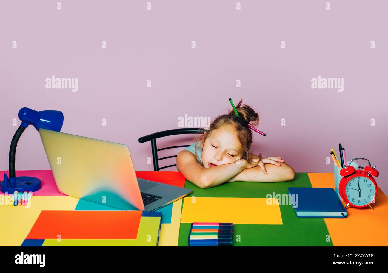 Tired pupil girl schooling work. Elementary school classroom. Home ...