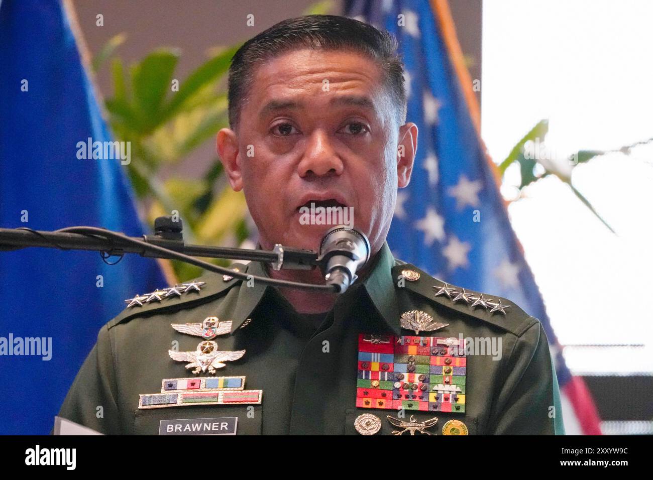 Philippines military chief Gen. Romeo Brawner Jr. speaks during an international military ...