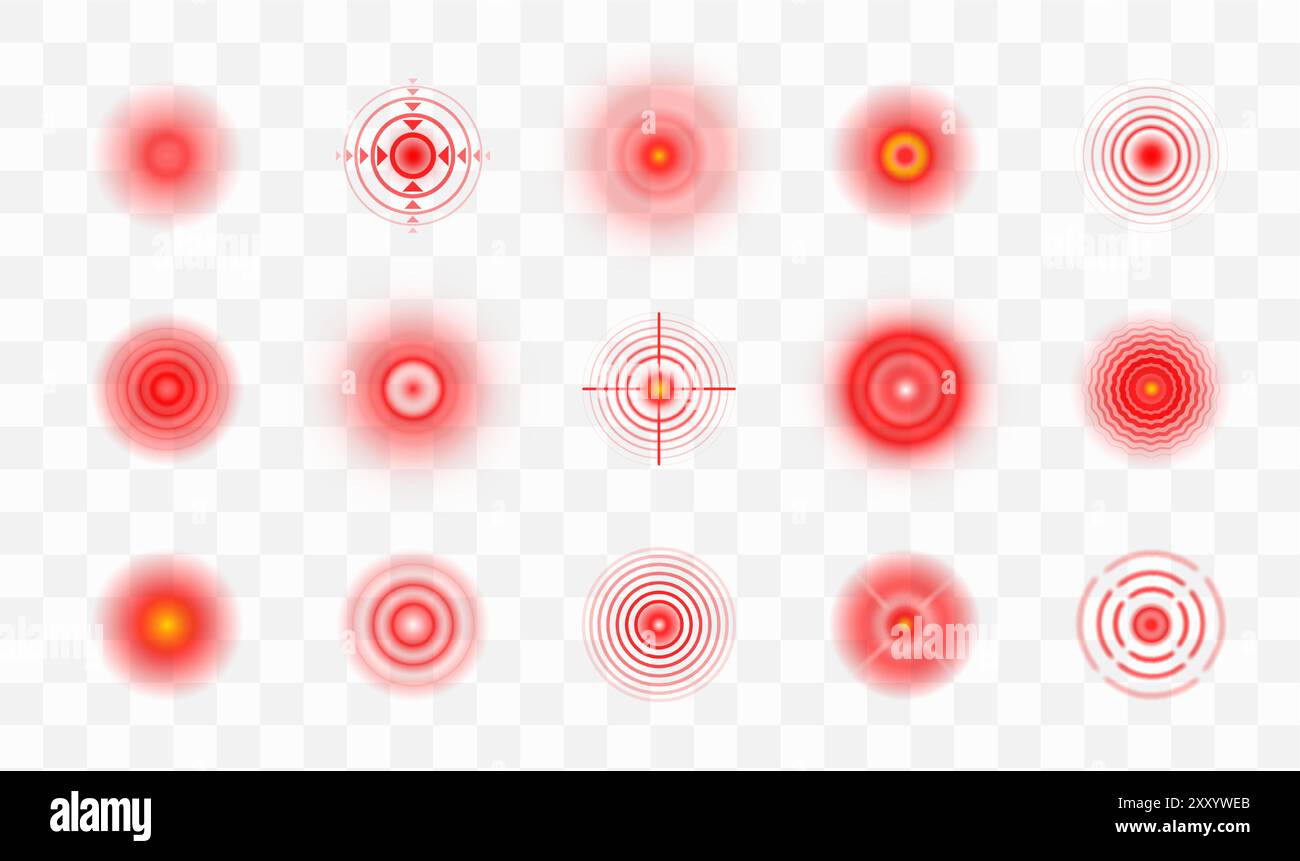 Pain points of vector red circle targets and radial spots. Stomach ...