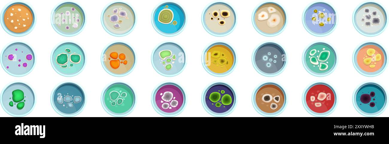 Mold fungus colonies icons set. Set of petri dishes with colonies of ...