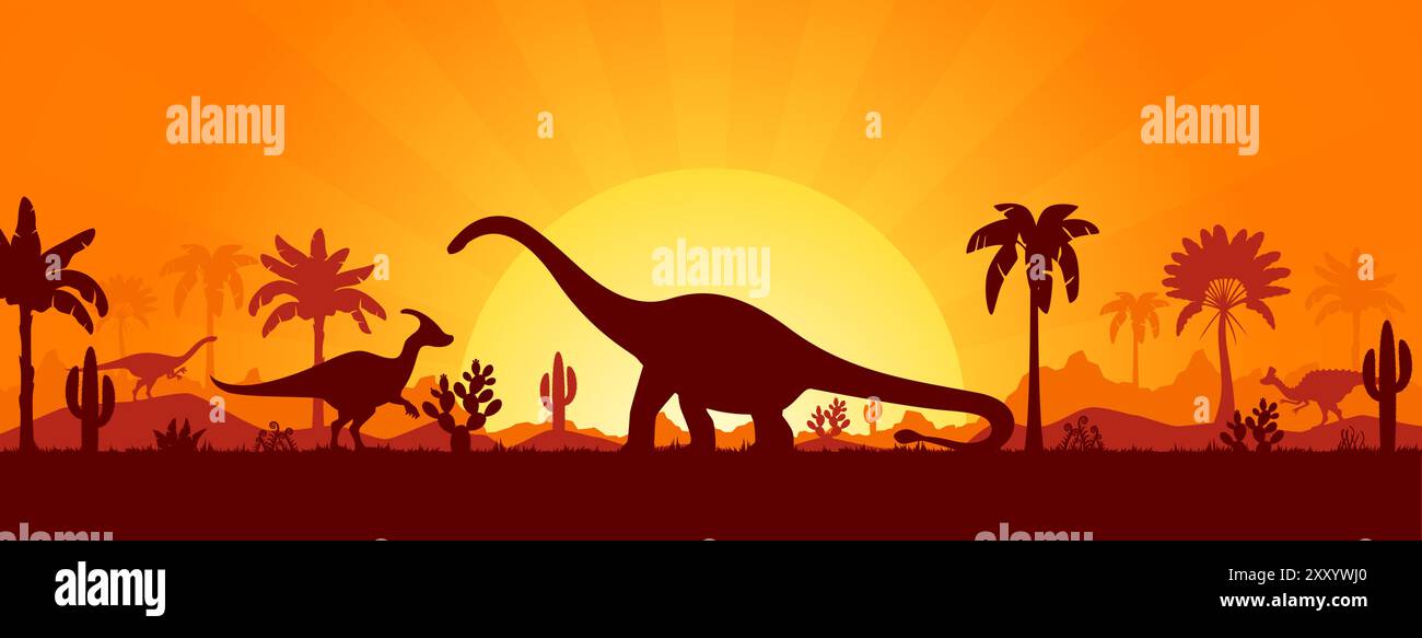 Dinosaurs silhouettes, Jurassic era sunset landscape with prehistoric ...