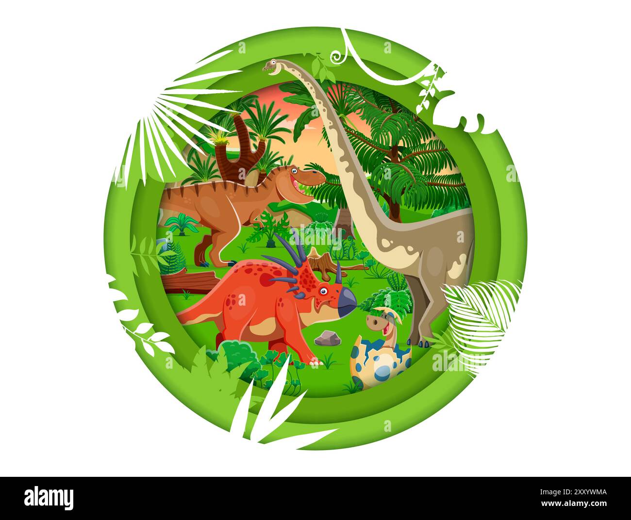Paper cut prehistoric dinosaurs landscape with cartoon tyrannosaurus ...