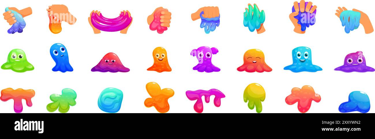 Slime toys icons set. Set of colorful slime being squeezed, pulled ...