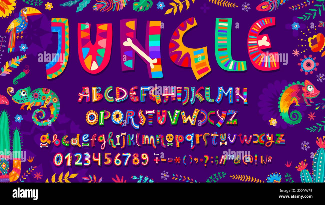 Mexican cartoon font with colorful Hispanic typeface of flowers and ...