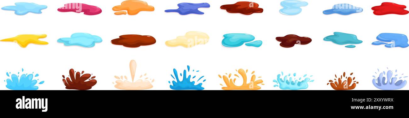 Liquid splatter surface icons set. Cartoon splashes and puddles of ...