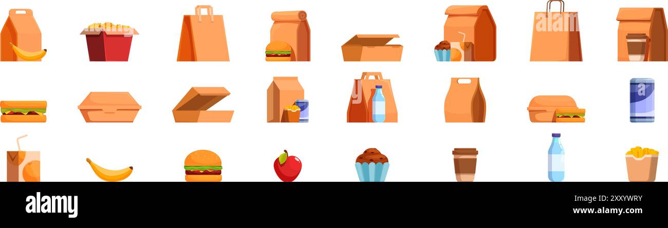 Paper lunchbox icons set. Variety of cardboard packaging for takeaway ...