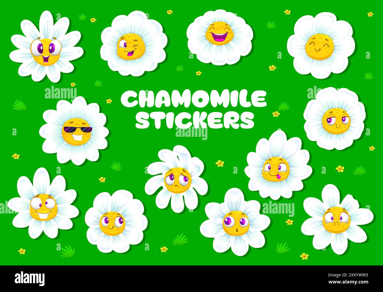 Chamomile face, daisy flowers stickers. Cartoon camomile bloom characters with funny face ...